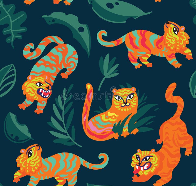 Seamless Pattern with Chinese Tigers. Vector Illustration Stock Vector ...