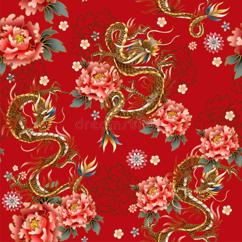 Seamless Pattern with Chinese Traditional Dragon, Peonies and Sakura ...
