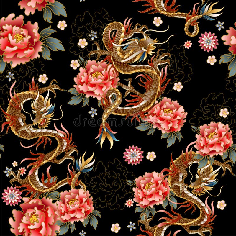 Seamless Pattern with Chinese Traditional Dragon, Peonies and Sakura ...