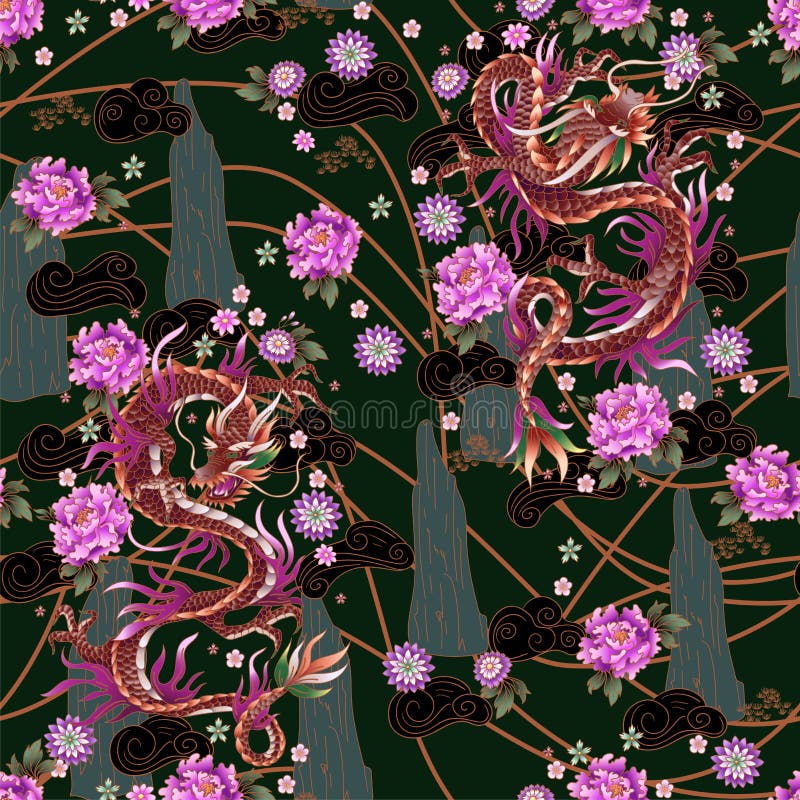 Seamless Pattern with Chinese Traditional Dragon, Peonies and Sakura ...