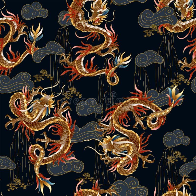 Seamless Pattern with Chinese Traditional Dragon. Vector. Stock Vector ...