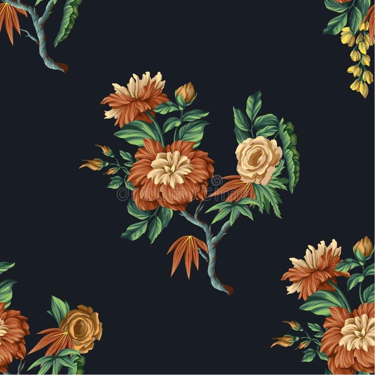 Seamless Pattern with Chintz Flowers and Leaves. Vector. Stock Vector - Illustration of pattern ...