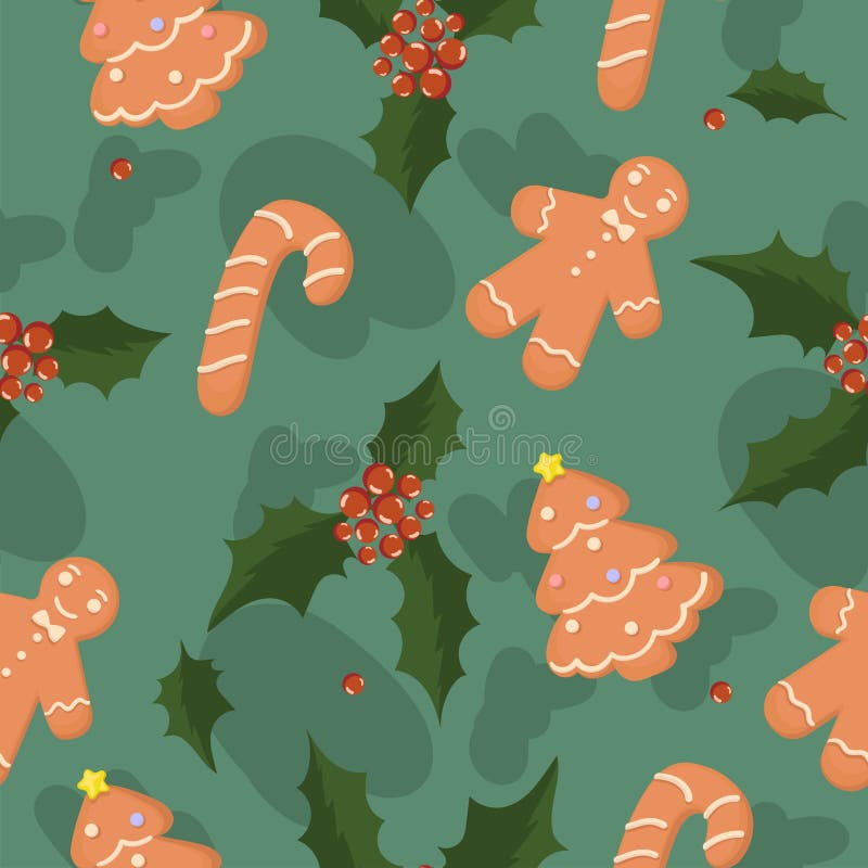 Seamless Pattern with Christmas Cakes, Leaves, Berries. Vector Graphics ...