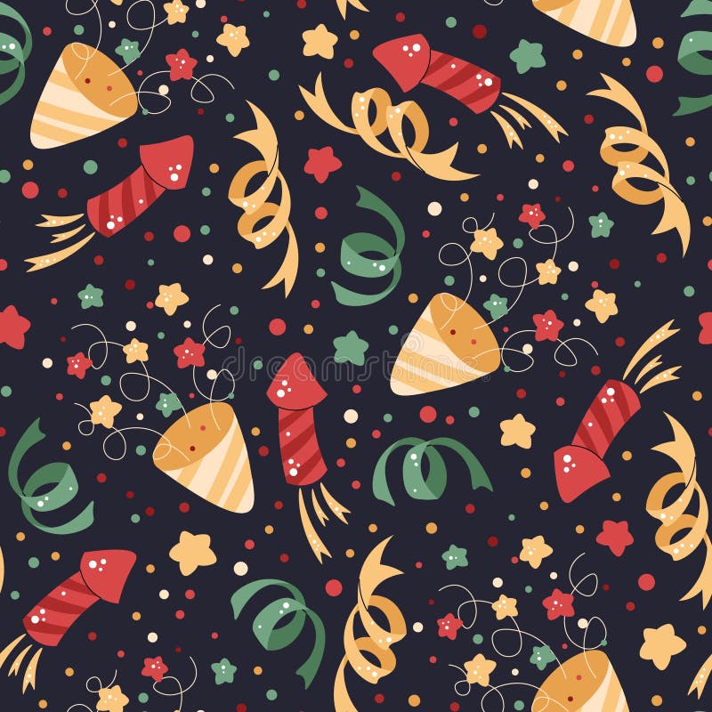 Seamless Pattern with Christmas Crackers, Confetti and Decorations ...