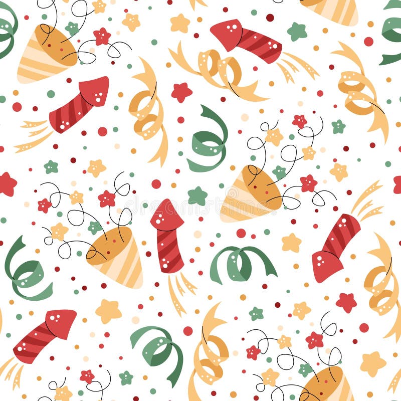 Seamless Pattern with Christmas Crackers, Confetti and Decorations ...