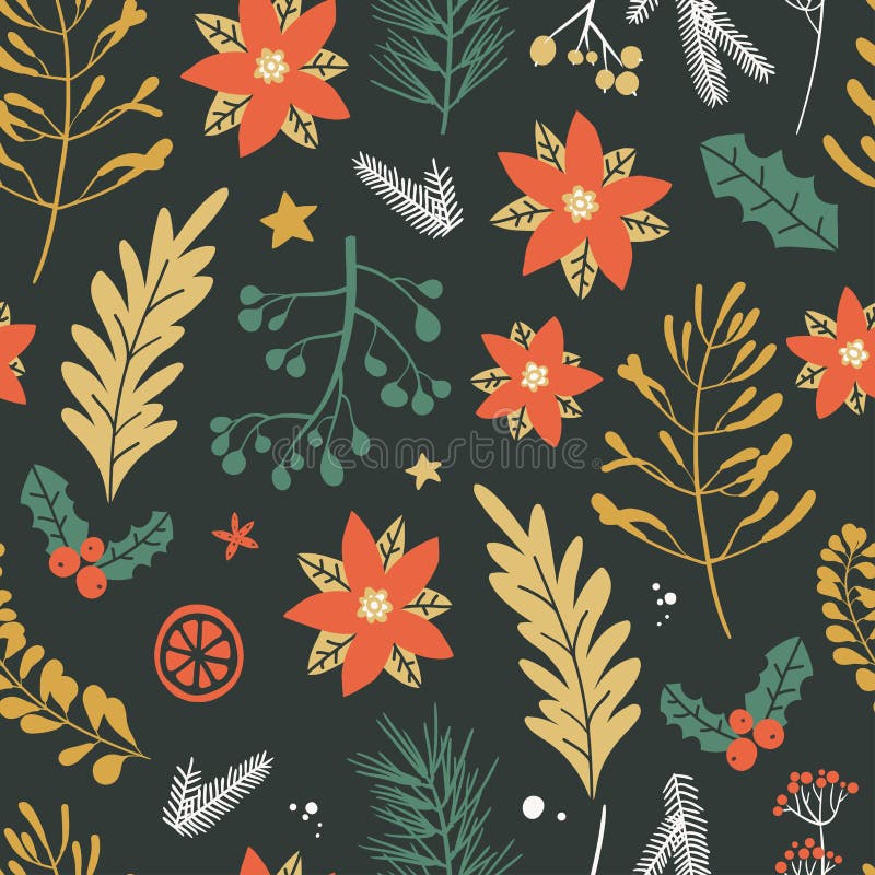 Seamless Pattern with Christmas Decorative Elements - Plants, Branches ...