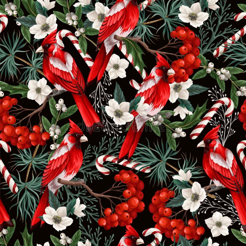 Seamless Pattern with Christmas Elements Such As Fir, Red Birds, Rowan ...