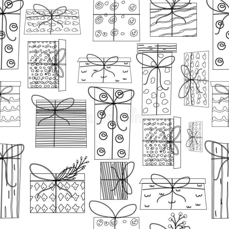 Seamless Pattern of Christmas Hand Drawn Outline Gift Box Stock Vector ...