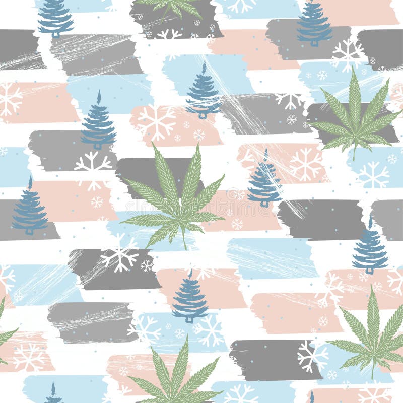 Seamless Pattern with Christmas Trees, Snowflakes and Cannabis Leaves ...