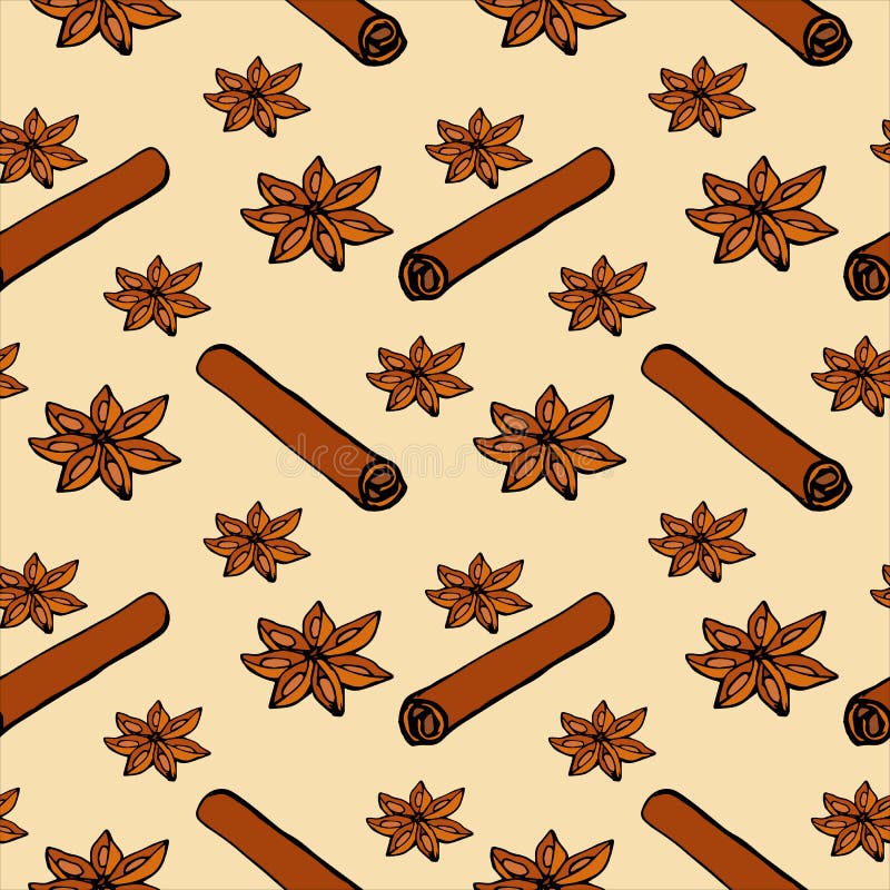 Seamless Pattern with Cinnamon Rolls and Stars Anise on Yellow ...