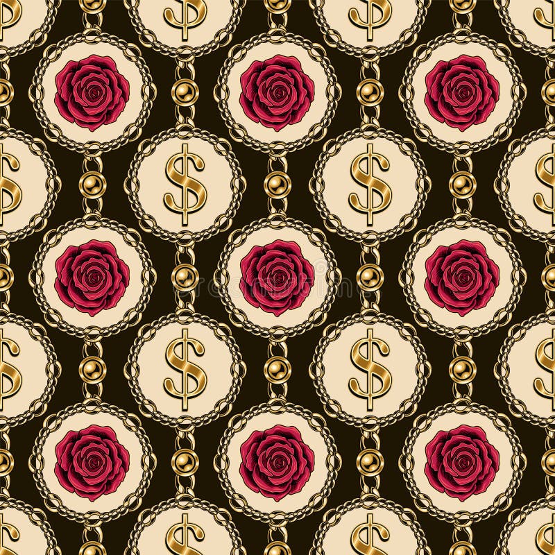Seamless Pattern with Circles with Crimson Roses, Golden Dollar Sign ...