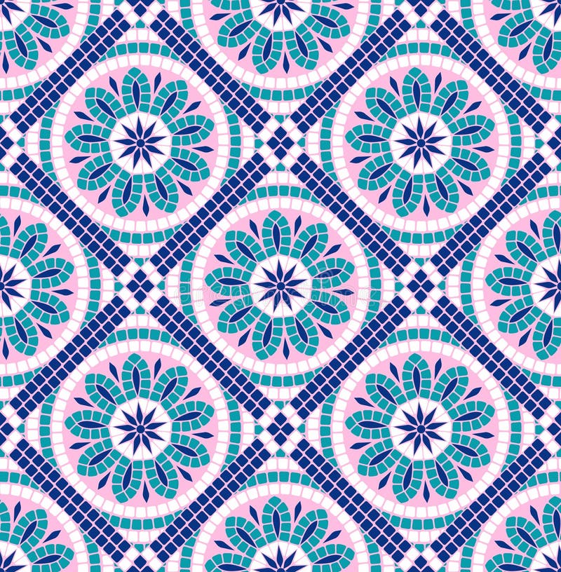 Seamless Pattern of Circular Mosaic Tiles Featuring Stylized Floral Designs Stock Illustration ...