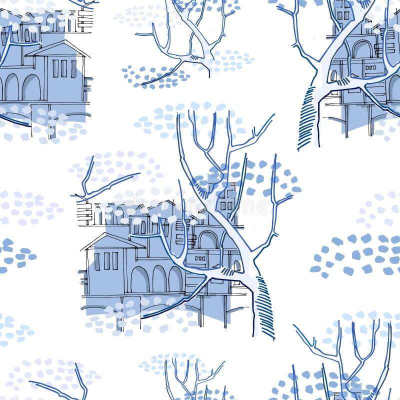 Seamless Pattern, Cityscape with Historic Buildings Behind a Big Tree ...