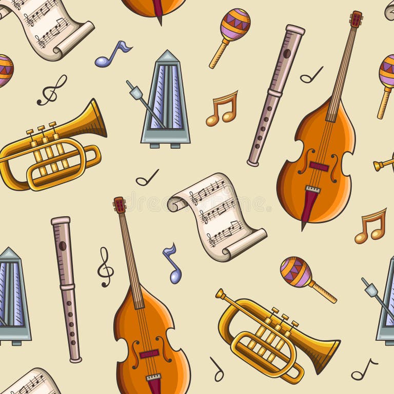 Seamless Pattern with Classic Musical Instruments and Notes Stock ...
