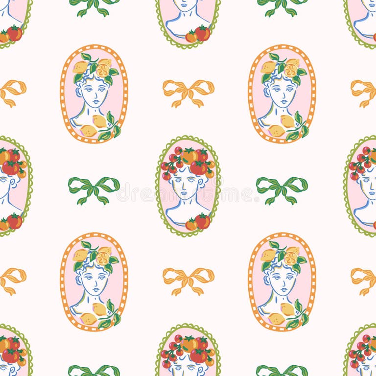 Seamless Pattern of Classical Busts Decorated with Lemons and Tomatoes ...
