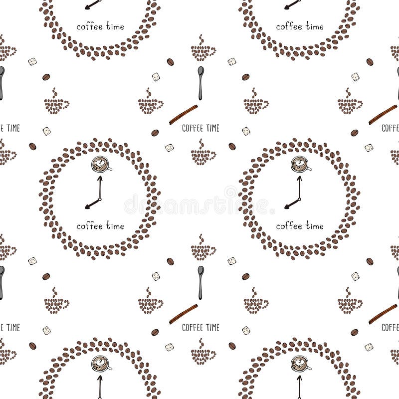 Seamless Pattern with a Clock `coffee Time` Cups and Grains. Stock ...