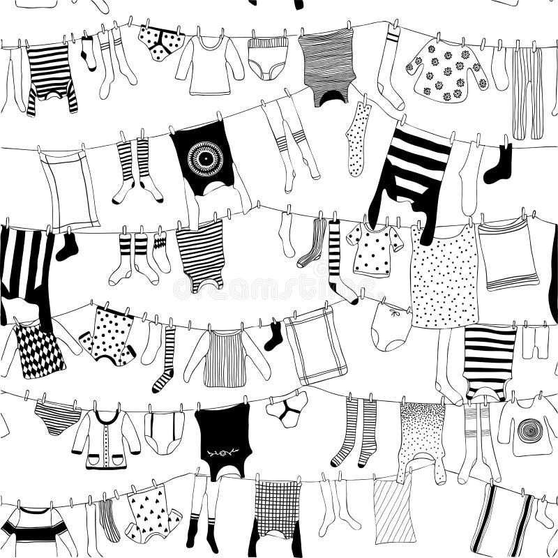 Seamless Pattern Clothes on Washing Line on White Background, Hand ...
