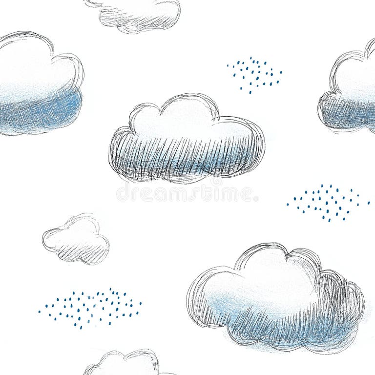 Seamless Pattern with Clouds and Rain Dots on White Background, Hand ...
