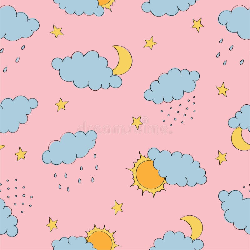 Seamless Pattern with Clouds, Sun and Moon, Rain and Snow on Pink ...
