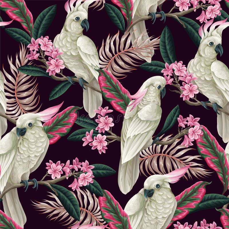 Seamless Pattern With Cockatoo Tropical Leaves And Flowers Vector Stock Vector Illustration