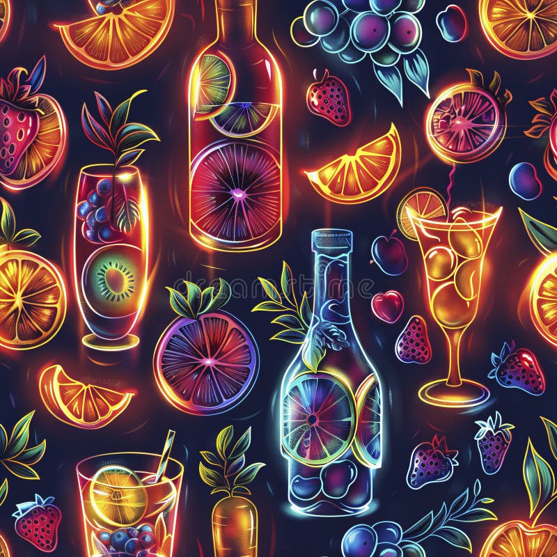Neon Seamless Pattern Cocktail Party Background, Alcohol. AI Generative ...