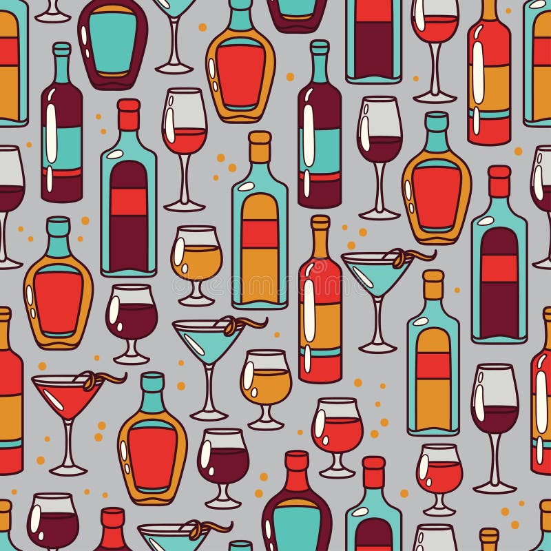 Seamless Pattern with Cocktails and Bottles of Alcohol Stock Vector ...