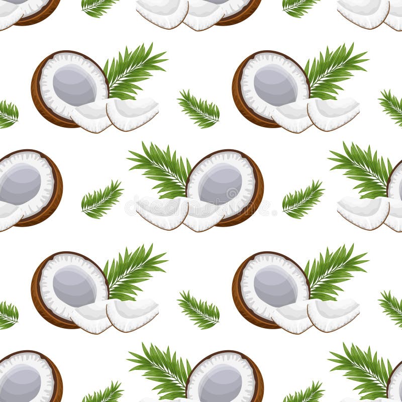 Seamless Pattern, Coconuts, Twigs, Coconut Halves and Pieces on a White ...