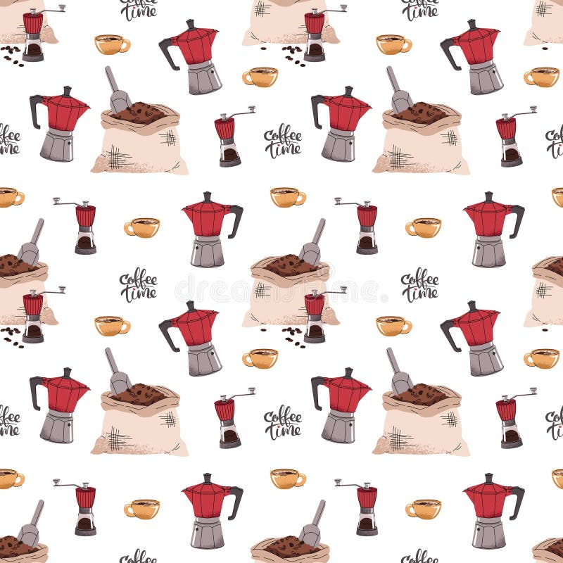 Seamless Pattern with Coffee Bag, Moka Pot, Coffee Grinder. Repeating ...