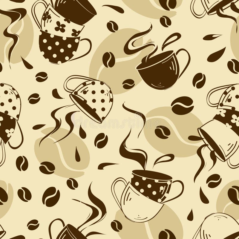 Beige Seamless Patterns with Coffee Set, Heart, Flower and Text. Stock ...