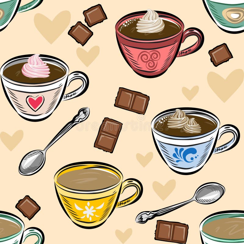 Seamless Pattern Coffee Cups and Chocolate. Vector Illustration. Stock ...