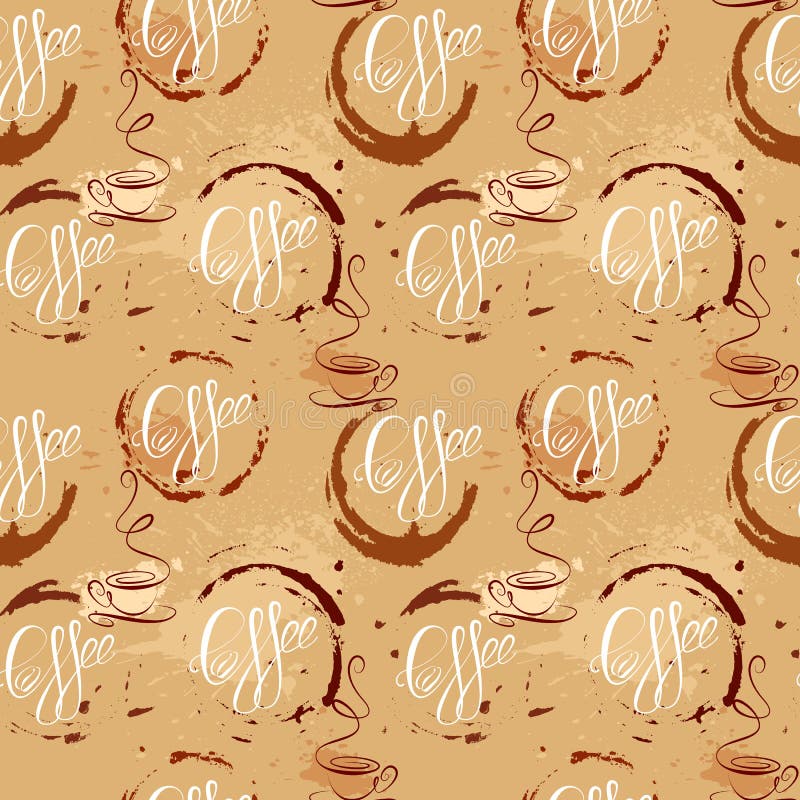 Seamless Pattern with Coffee Cups, Coffee Stain, Calligraphic Te Stock ...