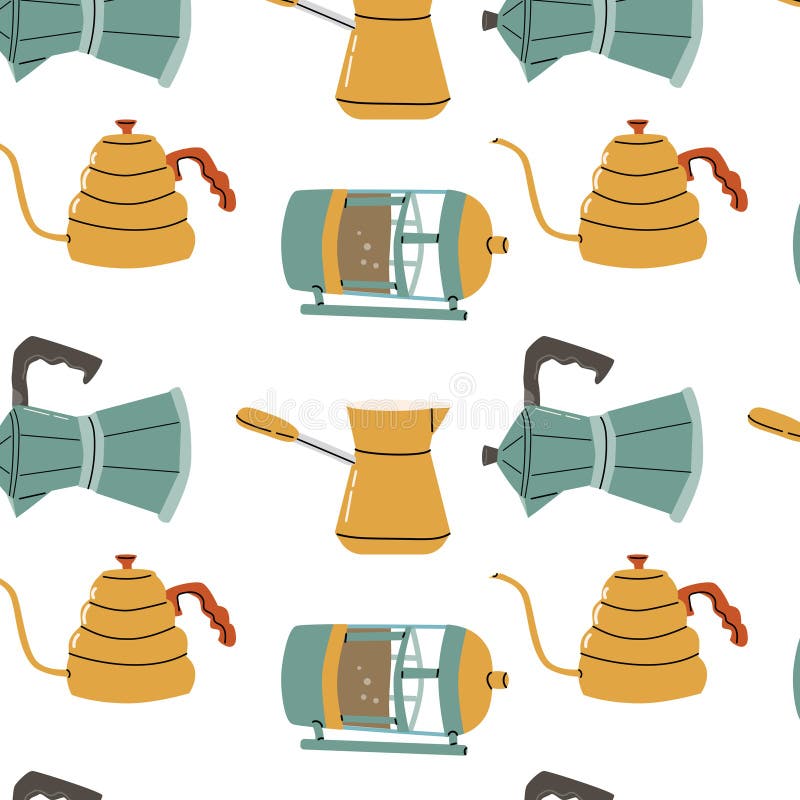 Seamless Pattern with Coffee Pots and Machine Stock Vector - Illustration of breakfast, wrapping ...