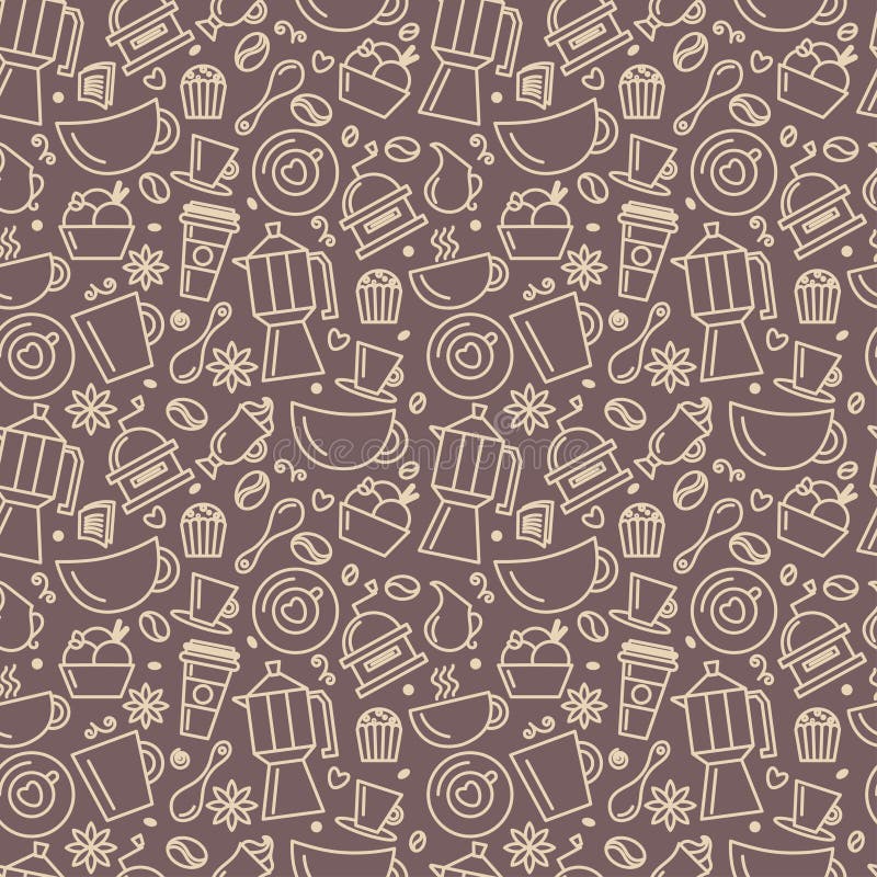 Seamless Pattern for Coffee Theme. Line Art Draw Icons Stock Vector ...