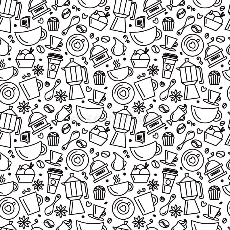 Seamless Pattern for Coffee Theme. Line Art Draw Icons Stock Vector ...
