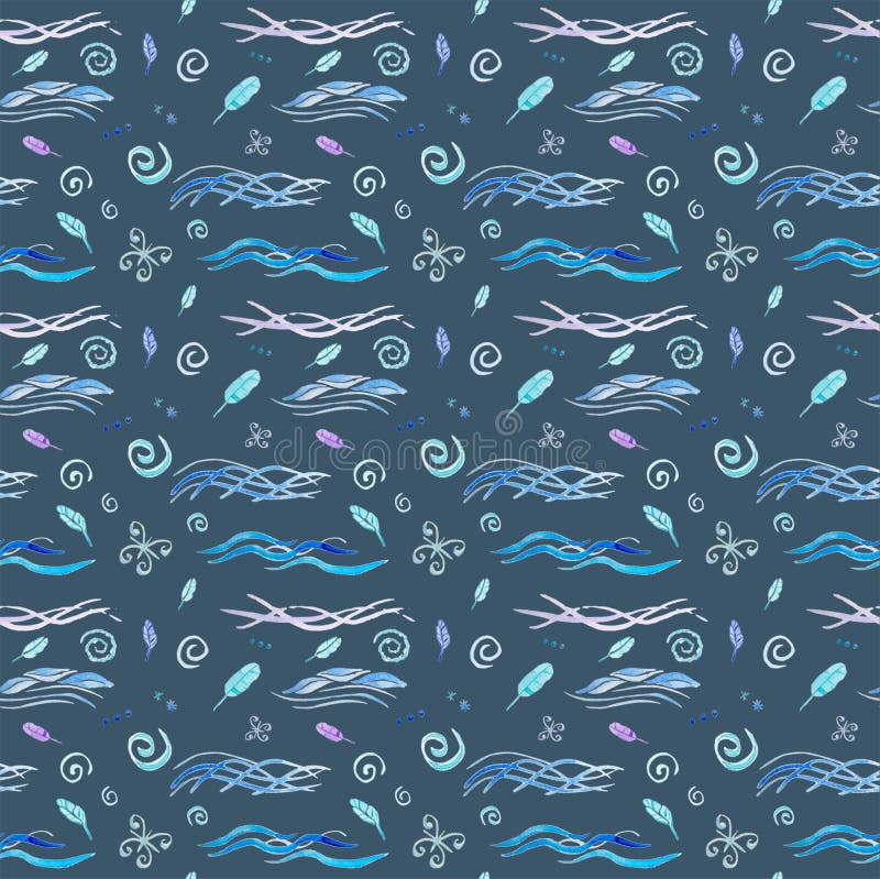 Seamless Pattern in Cold Colors with Feathers, Snowflakes, and Waves ...