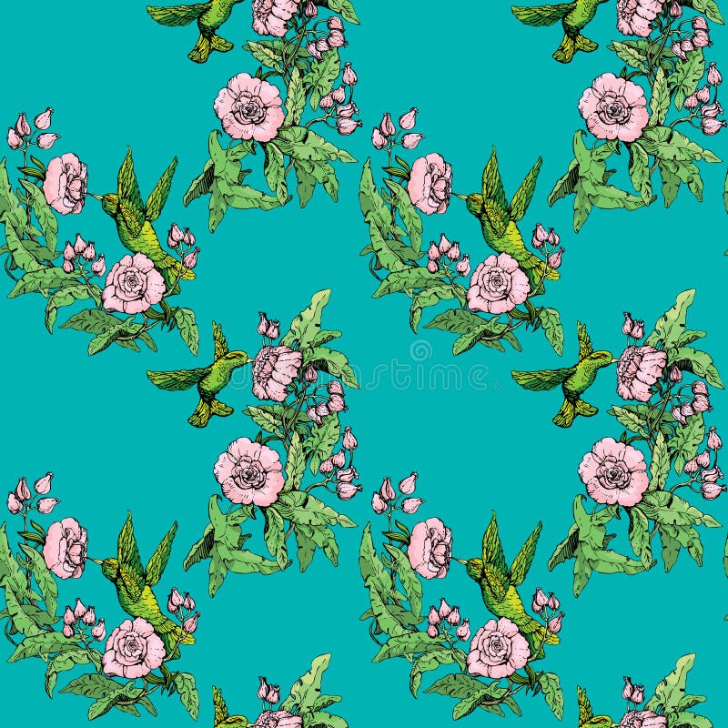 Seamless Pattern. Colibri and Flowers on Blue Background Stock Vector ...