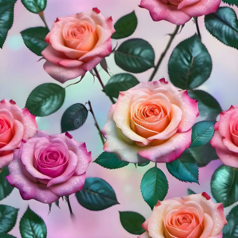 Seamless Pattern, Collage with Beautiful Pink and White Roses and Green ...