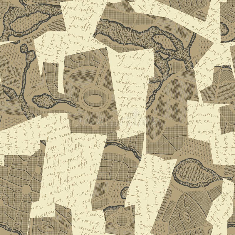 Seamless Pattern with Collage of Handwritten Text and Pieces of Maps ...