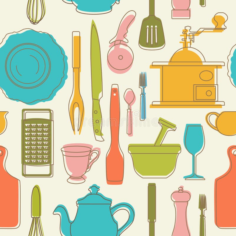 Seamless Pattern with Color Kitchen Utensils. Vector Illustration ...