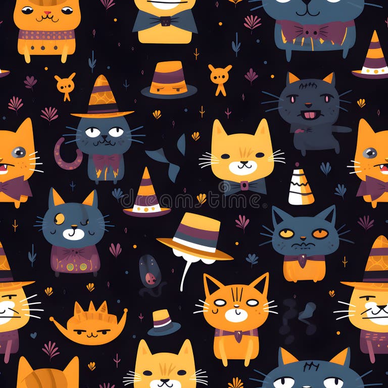 Seamless Pattern Colored Cats with Bowties Happy Spiders in Tiny Hats ...