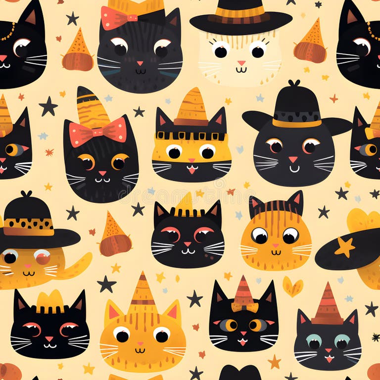 Seamless Pattern Colored Cats with Bowties Happy Spiders in Tiny Hats ...