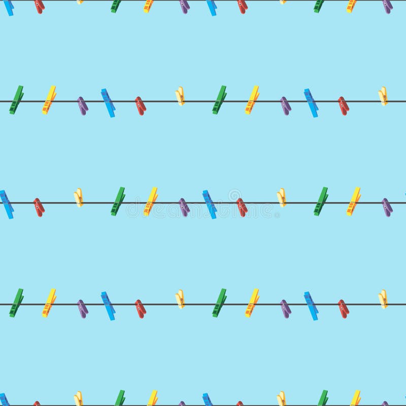 Seamless Pattern Colored Clothes Pins on a Clothes Line Rope on Blue ...