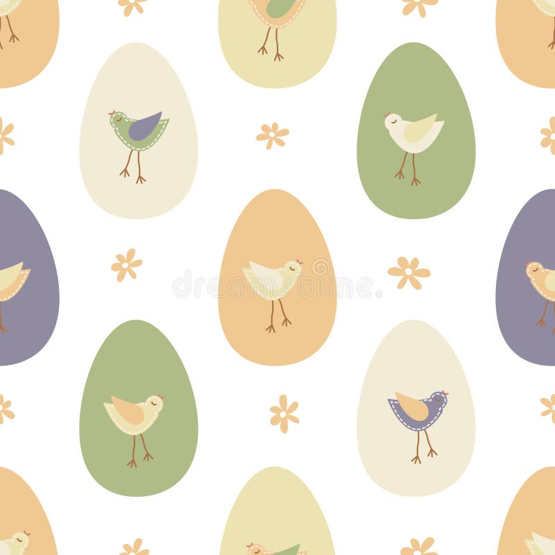 Seamless Pattern with Colored Eggs, Cute Chickens and Flowers in Calm Warm Colors Stock Vector ...