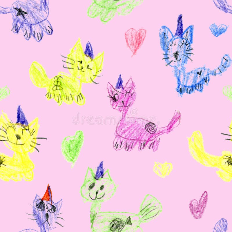 Seamless Pattern with Colored Kid S Crayon Hand Drawn Cats Llustration ...