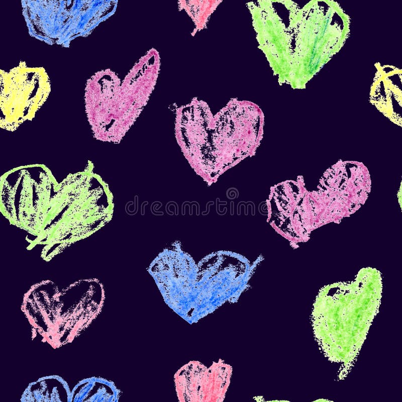 Seamless Pattern with Colored Kid S Crayon Hand Drawn Hearts Stock ...