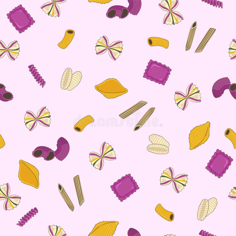 Seamless Pattern with Colored Pasta in Different Shapes. Vector ...