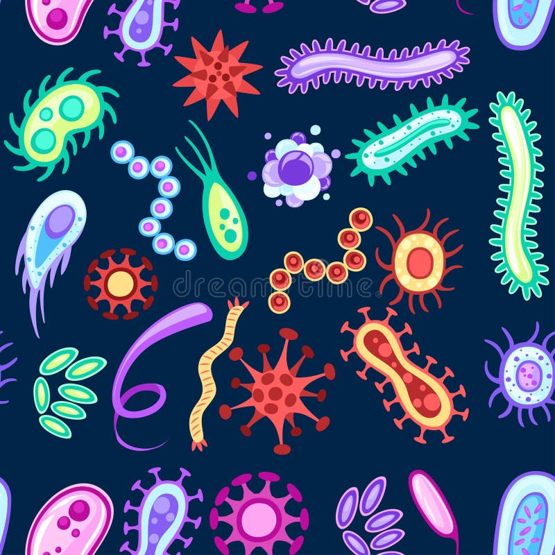 Seamless Pattern. Colorful Bacteria and Germs. Microorganisms on Dark ...