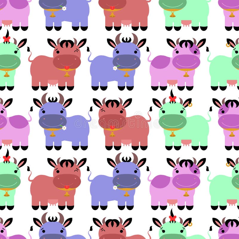 Seamless Pattern with Colorful Cartoon Cows Stock Vector - Illustration ...