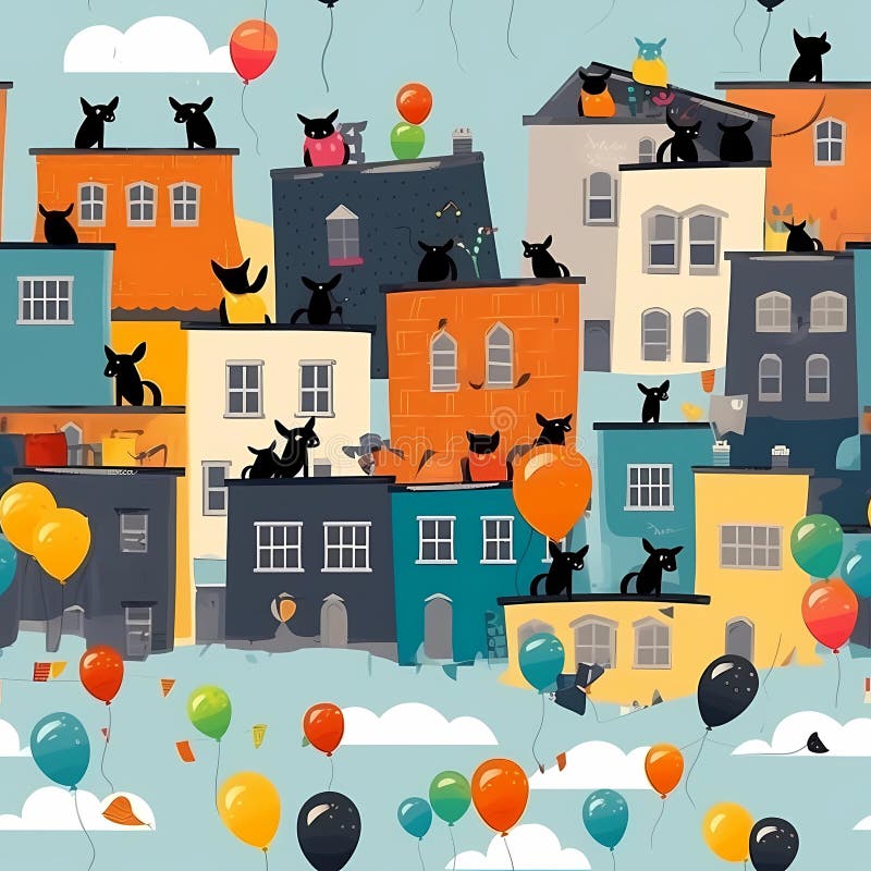Seamless Pattern of Colorful Cityscape with Black Cats Balloons Stock Illustration ...
