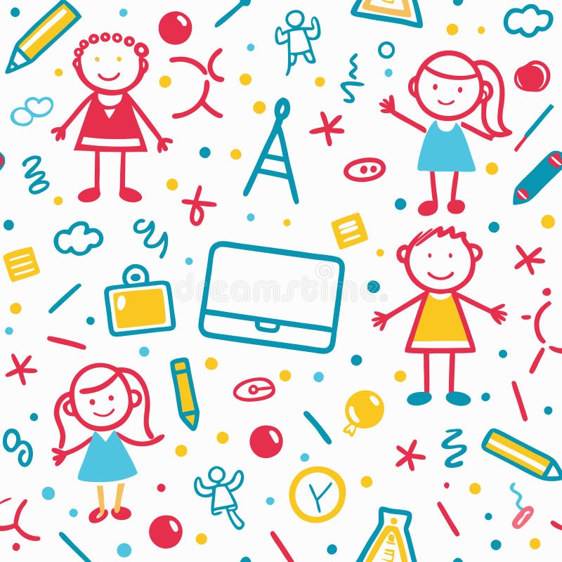 Seamless Pattern with Colorful Doodle Children, School Supplies and ...